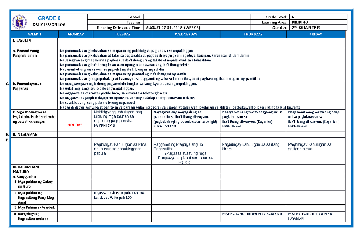 DLL G6 Q2 WEEK 3 ALL Subjects (Mam Inkay Peralta) - GRADE 6 DAILY ...