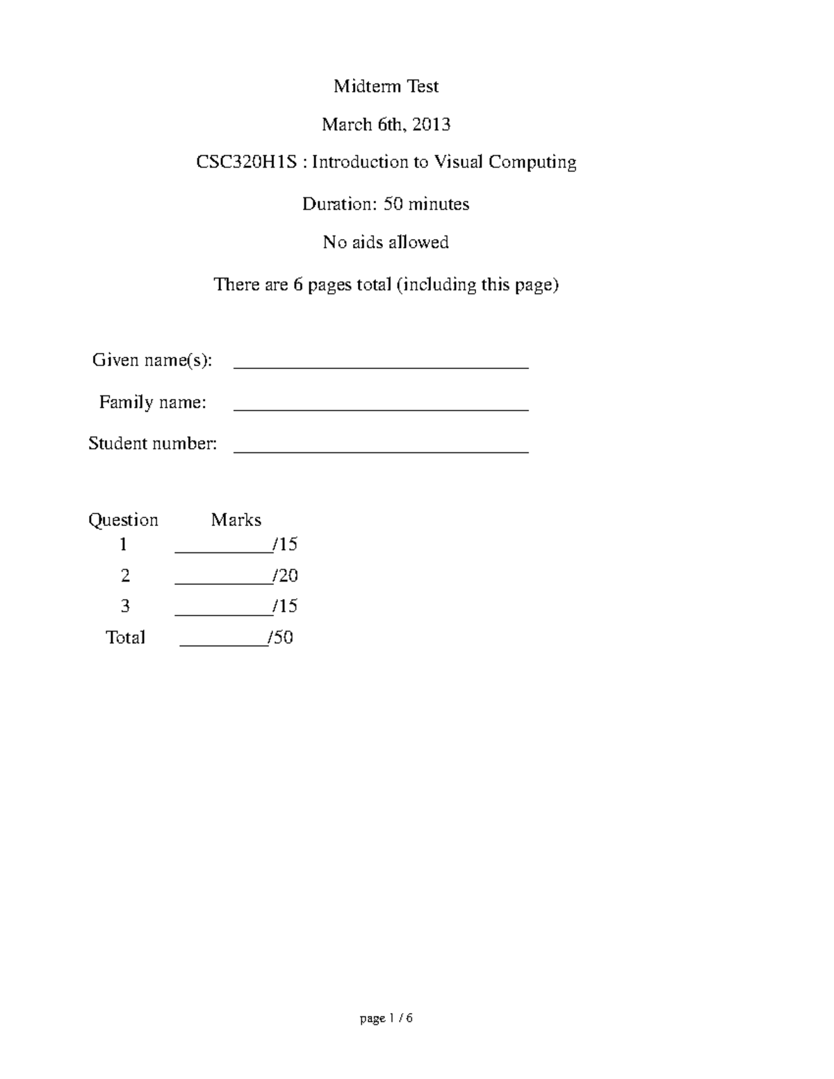 CSC320H1S-midterm-2013 s - Midterm Test March 6th, 2013 CSC320H1S ...