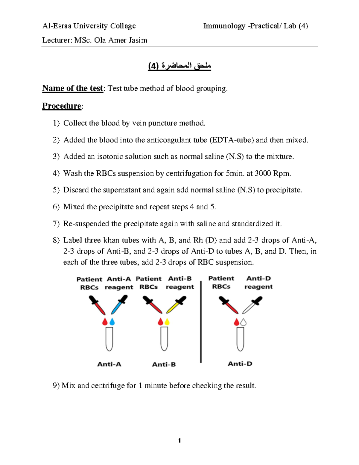 Name of the test- Test tube method of blood grouping - Al-Esraa ...