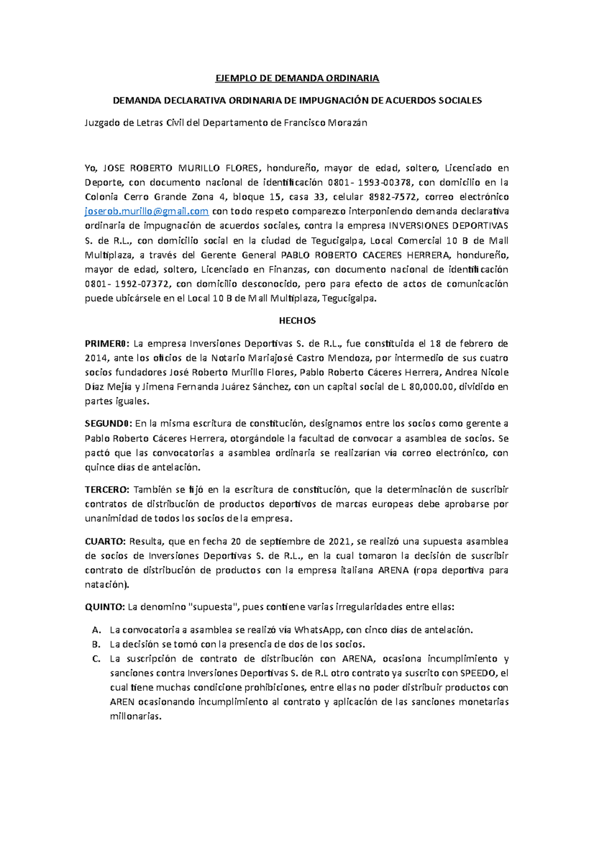 Ejemplo DE Demanda Ordinaria - EJEMPLO DE DEMANDA ORDINARIA DEMANDA ...