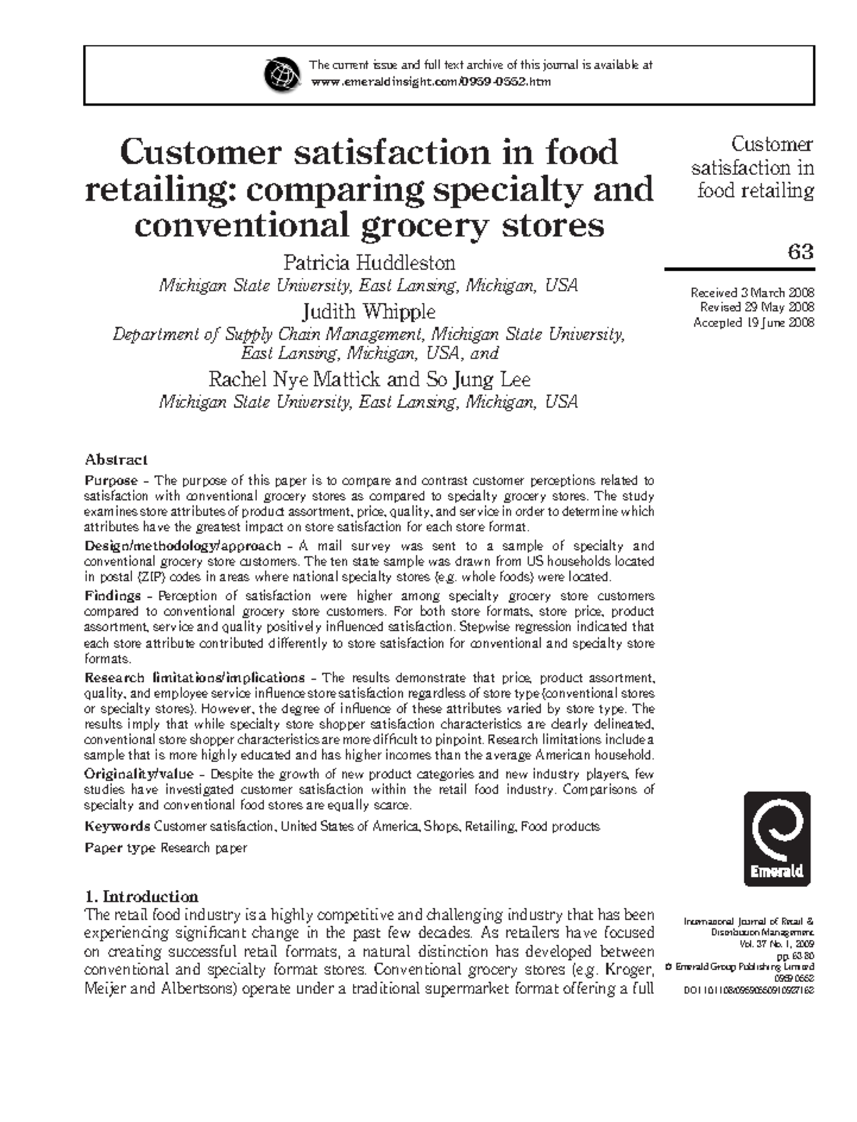 Customer satisfaction in food retailing- comparing specialty and ...