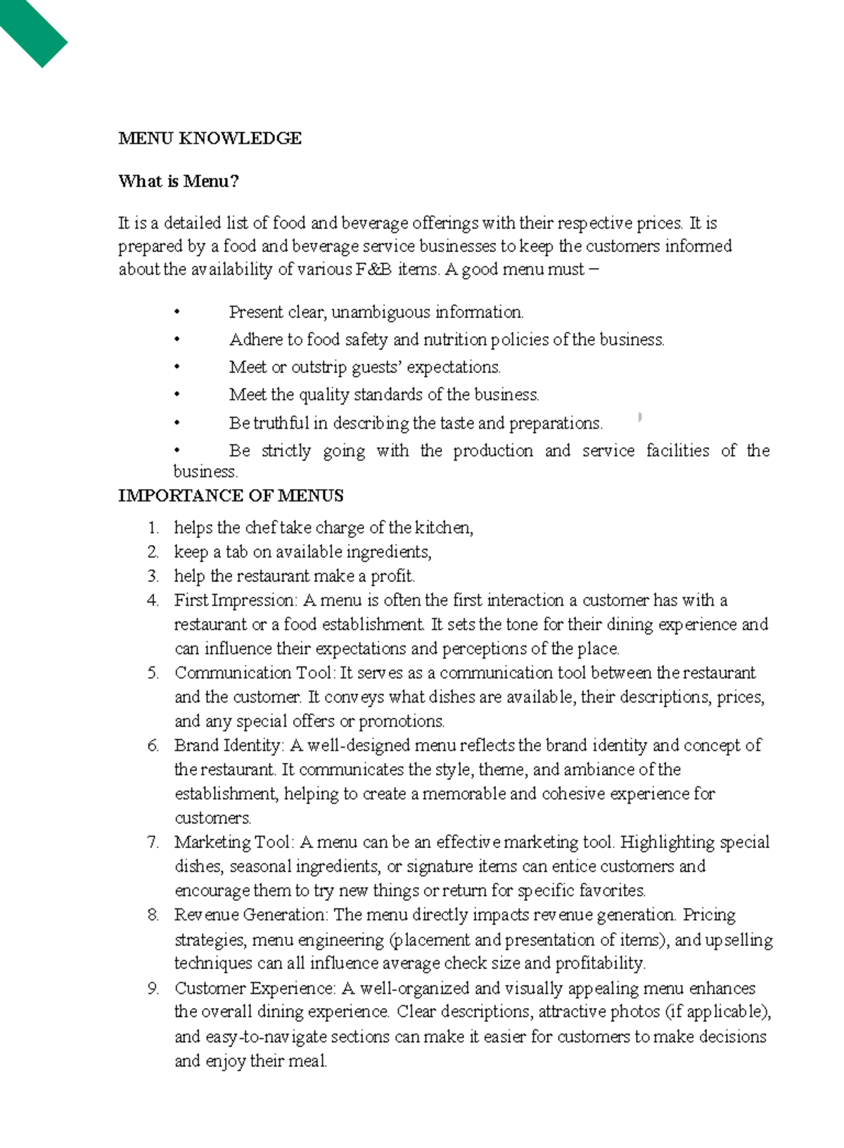 MENU Knowledge - MENU KNOWLEDGE What is Menu? It is a detailed list of ...