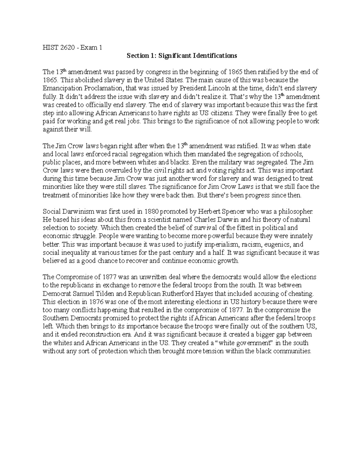 HIST Exam 1 - History 2620 exam one essay - HIST 2620 - Exam 1 Section ...