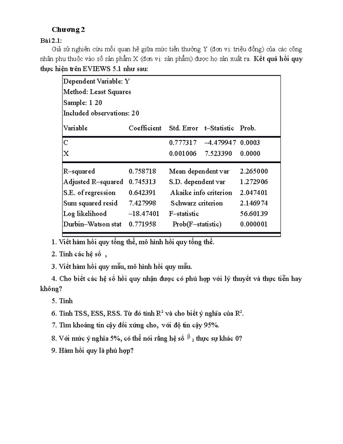 Bài tập C2 KTL - tường - Chương 2 Bài 2: Giả sử nghiên cứu mối quan hệ giữa mức tiền thưởng Y ...