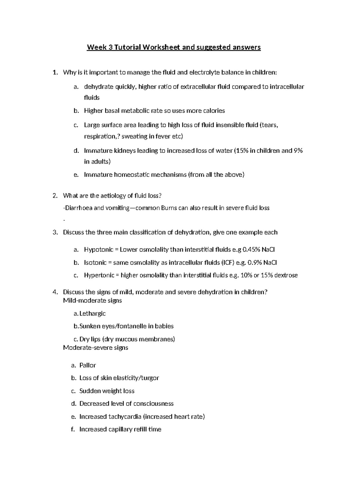 Week 3 Tutorial Worksheet and suggested answers - dehydrate quickly ...