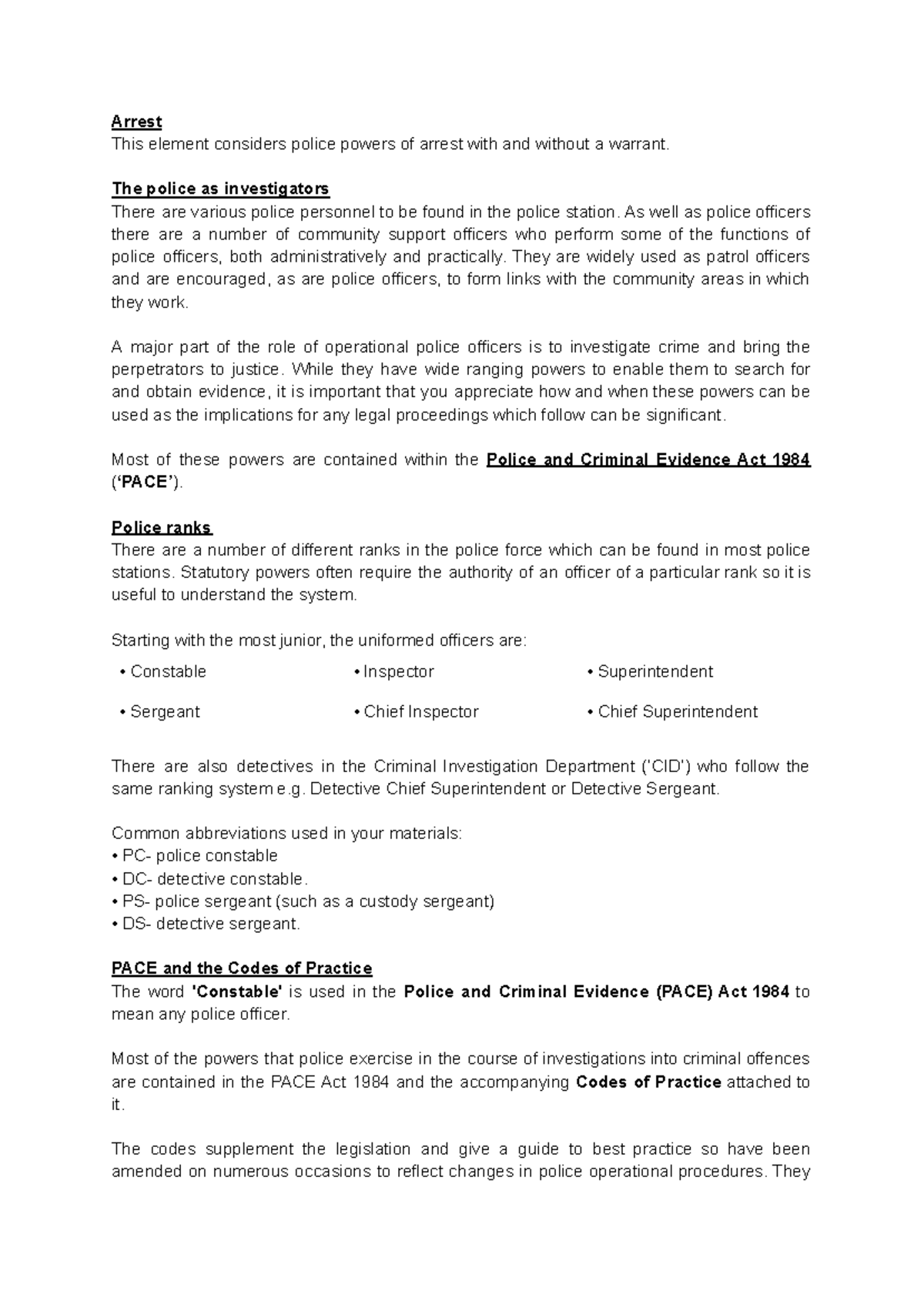 Lecture notes: Arrest - Arrest This element considers police powers of ...