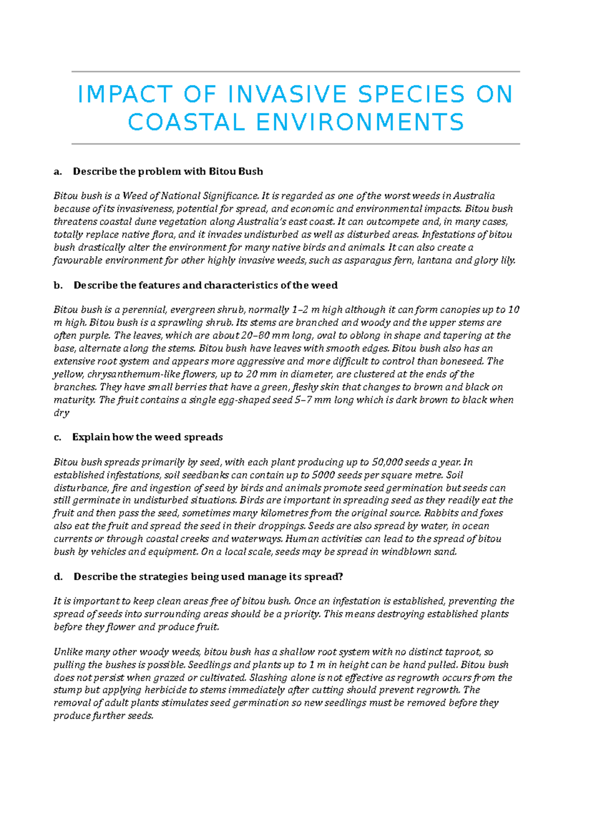 Year 10 Geography Invasive Species Research 1 Impact Of Invasive Species On Coastal