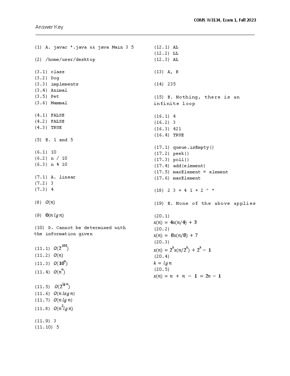 COMS W3134 - Fall 2023 - Midterm 1 - Answer Key - COMS W3134, Exam 1 ...