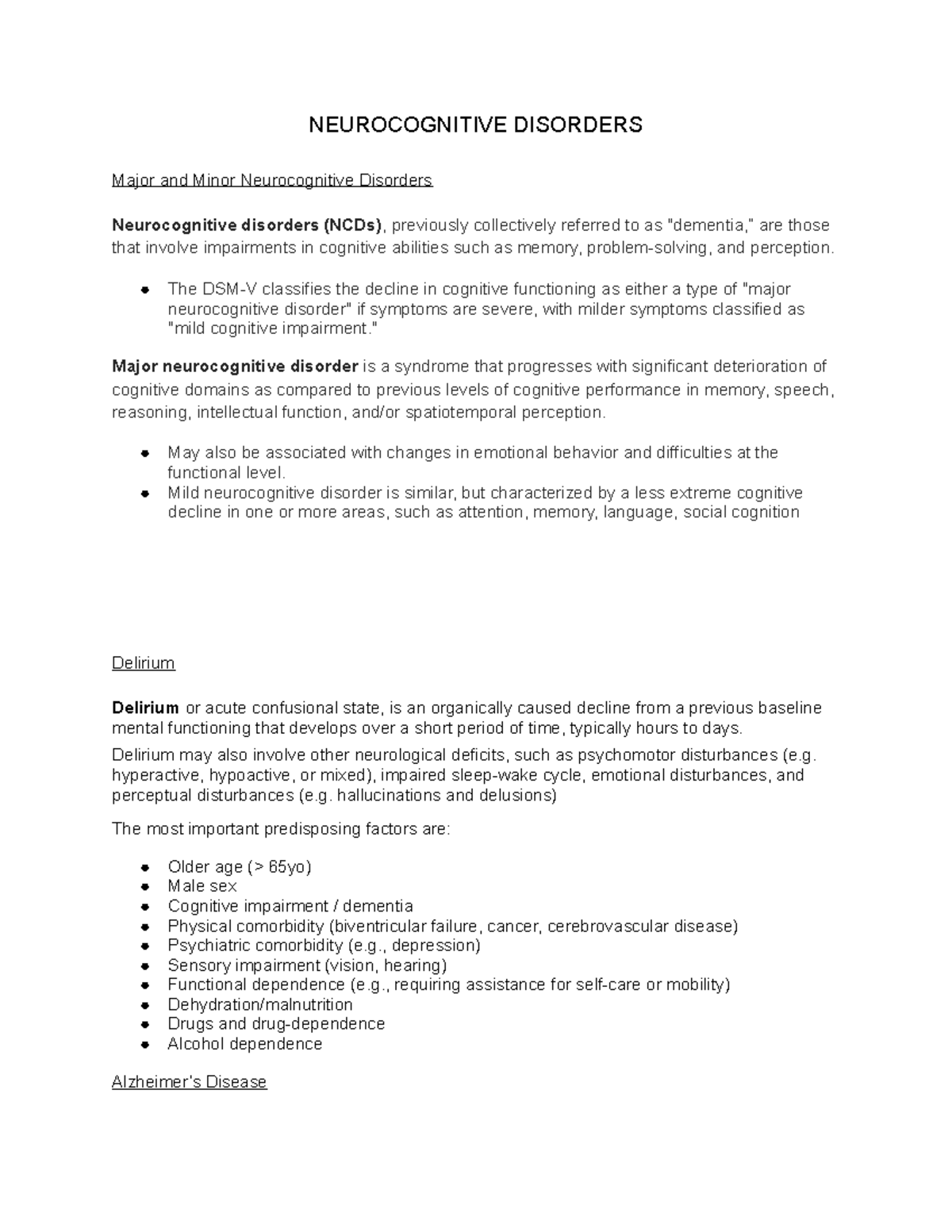 PSY 215 Neurocognitive Disorders Notes Part 1 - NEUROCOGNITIVE ...