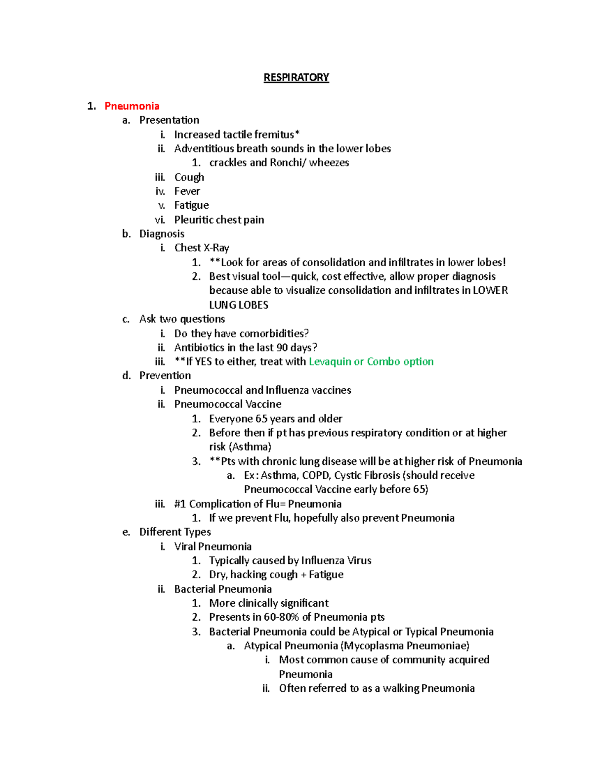 Respiratory- ANCC Review - RESPIRATORY Pneumonia a. Presentation i ...