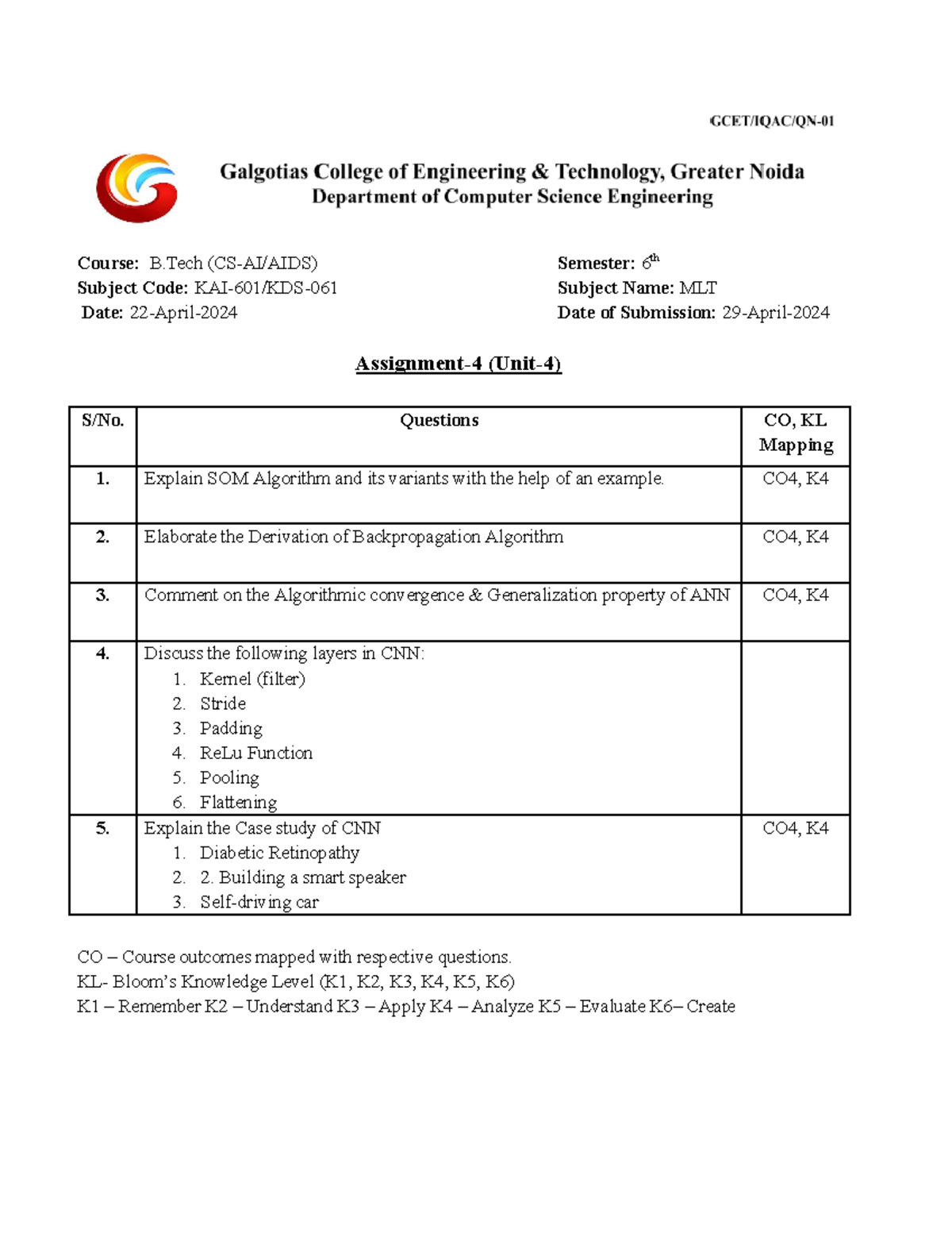 Assignment of MLT Unit-4 - Course: B (CS-AI/AIDS) Semester: 6 th Subject Code: KAI-601/KDS-061 ...
