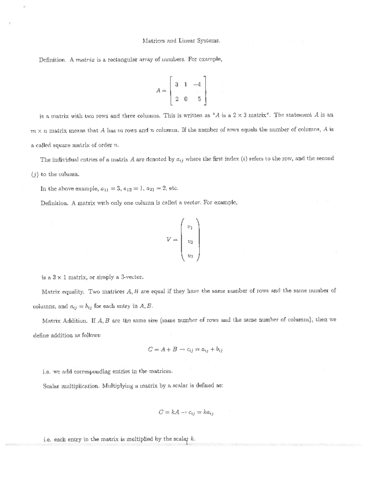 Matrices Packet A Lecture Notes 3 Matrices And Linear Systems Definition A Matrix Is A