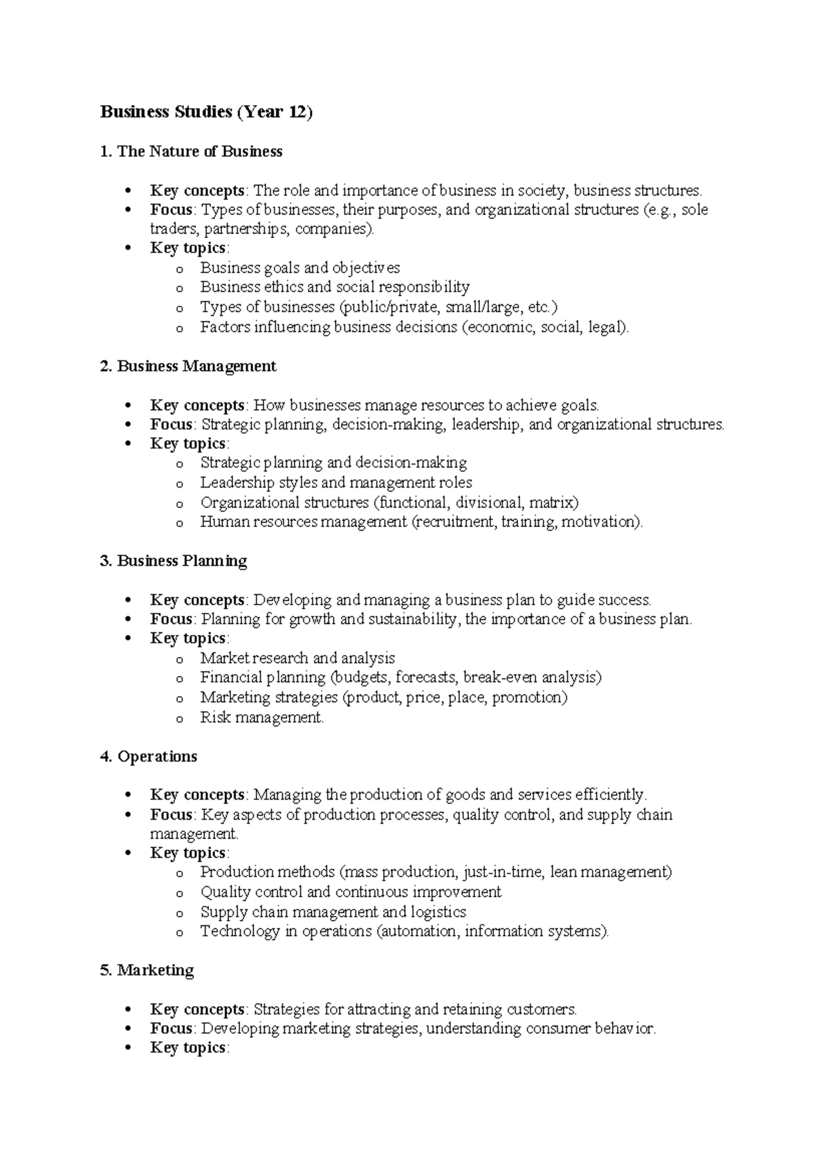 Business Studies YR 12 - complied break down on syllabus - Business ...
