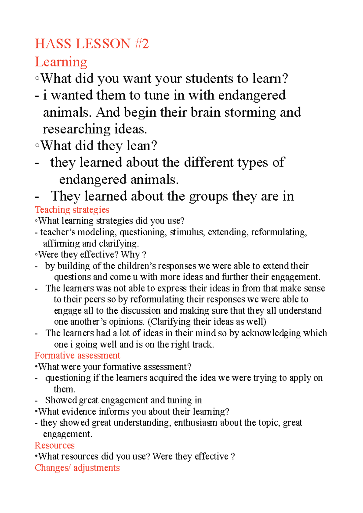 Hassreflection 2 - hass reflection essay - HASS LESSON Learning What ...