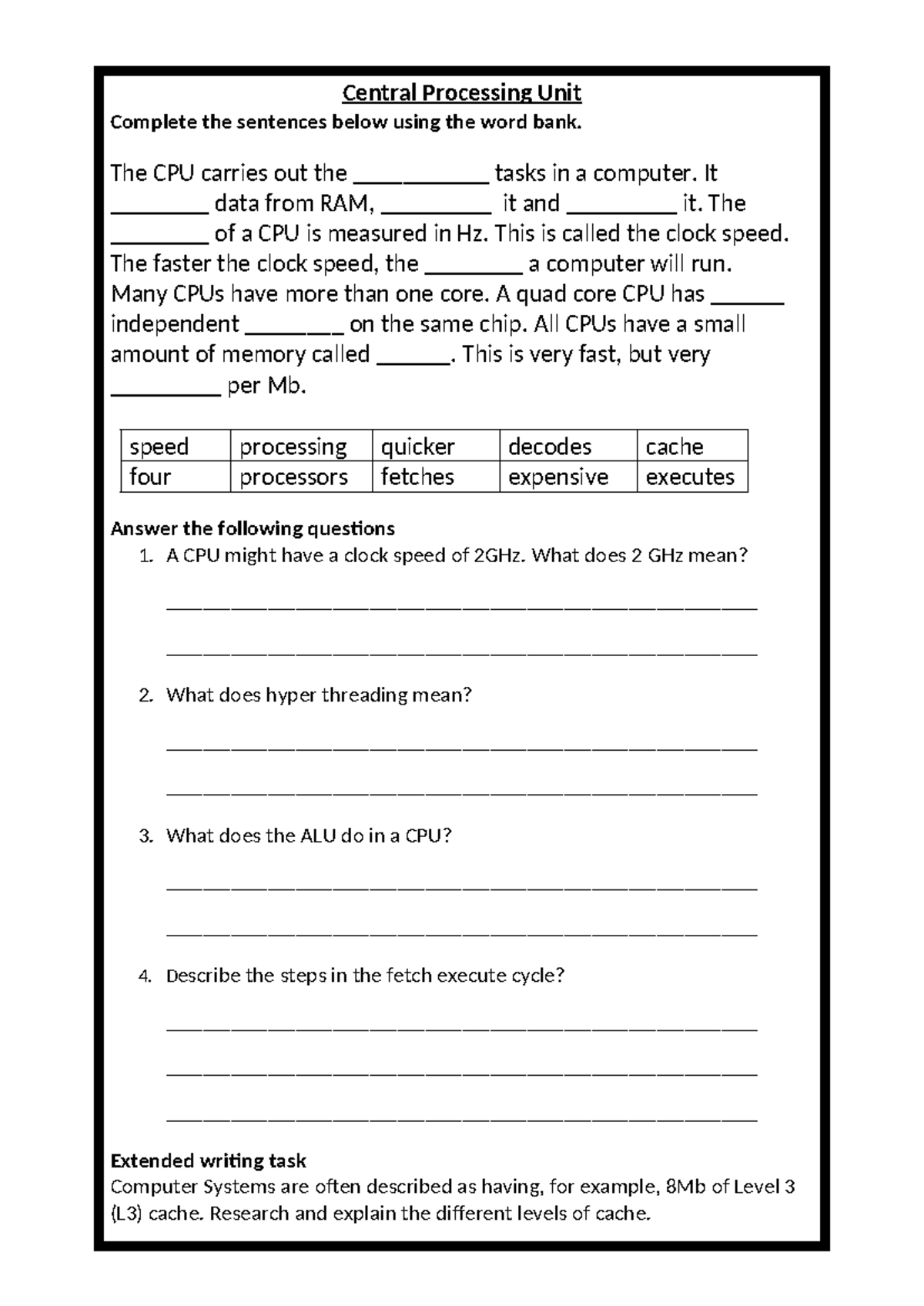 GCSE Computing Homework Central Processing Unit - Central Processing ...