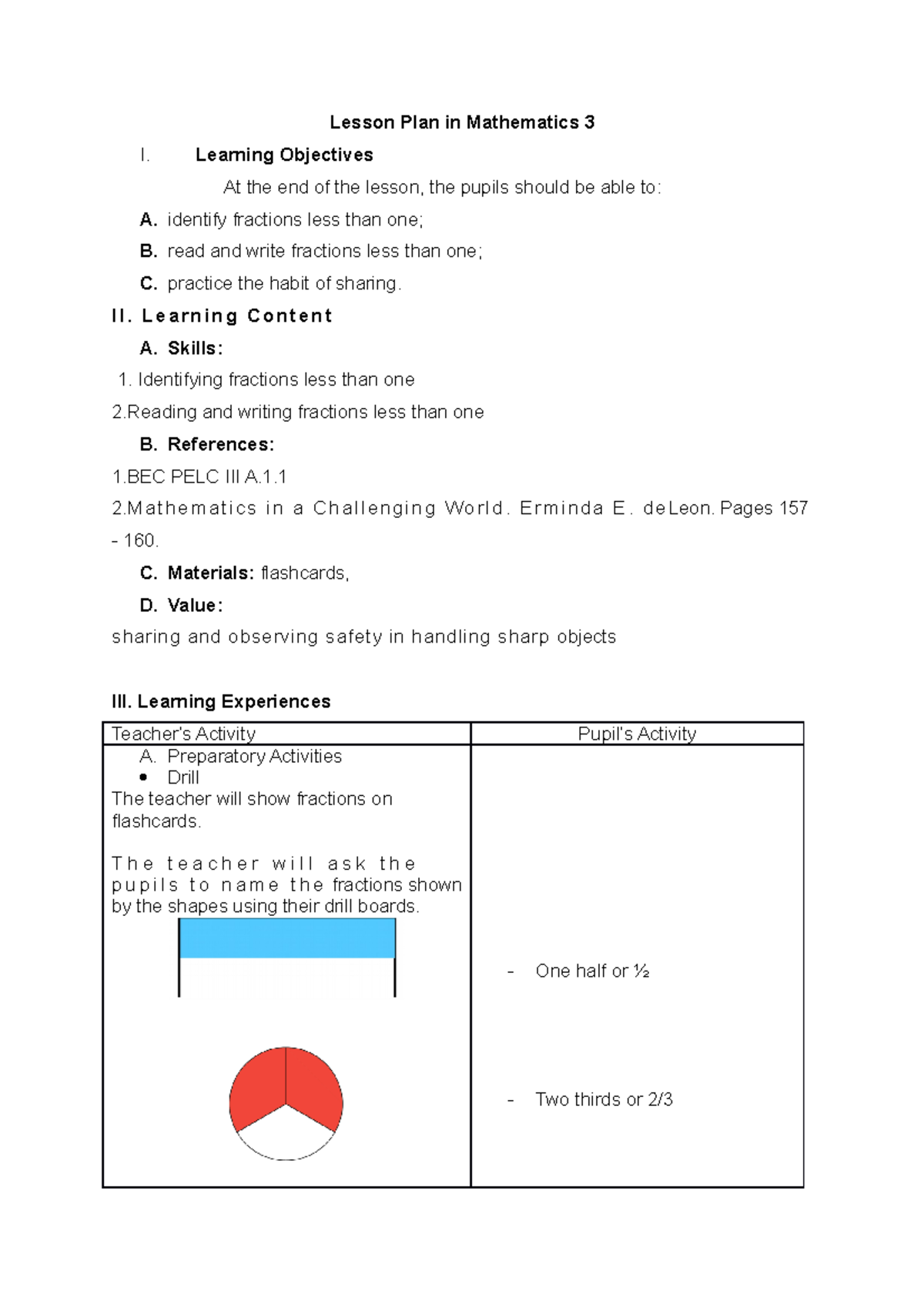 Lesson Plan in Mathematics 3 Fractions - Lesson Plan in Mathematics 3 I ...