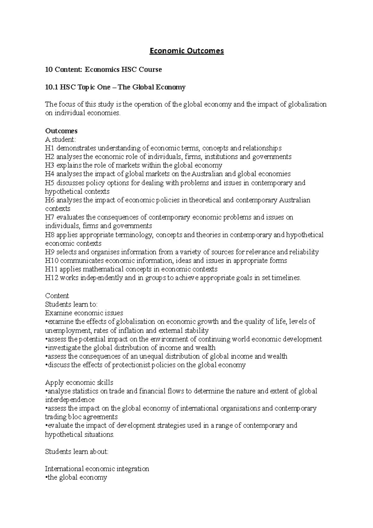 Economic Outcomes yrbgbgd fg - Economic Outcomes 10 Content: Economics ...