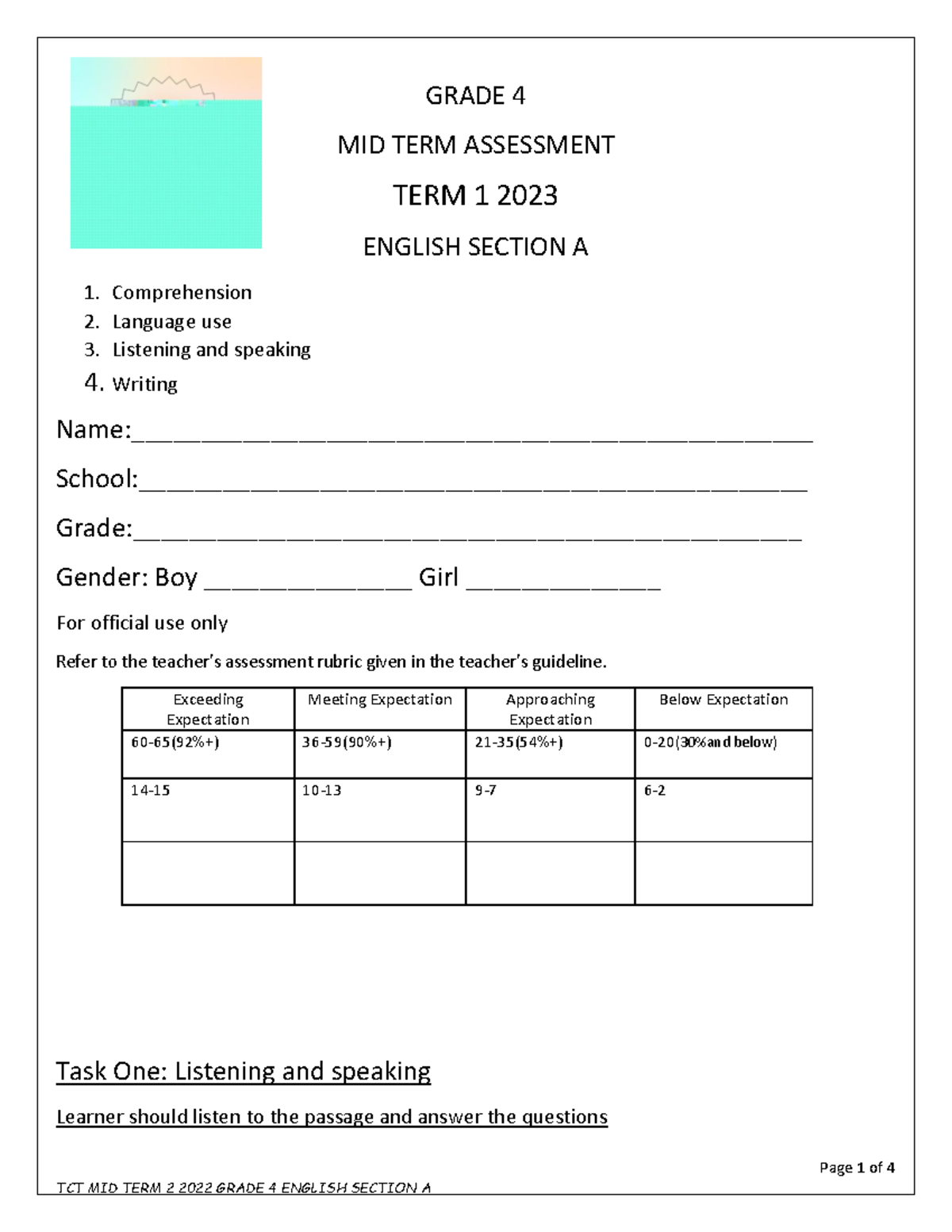4 - introduction - Page 1 of 4 GRADE 4 MID TERM ASSESSMENT TERM 1 202 3 ENGLISH SECTION A 1 ...