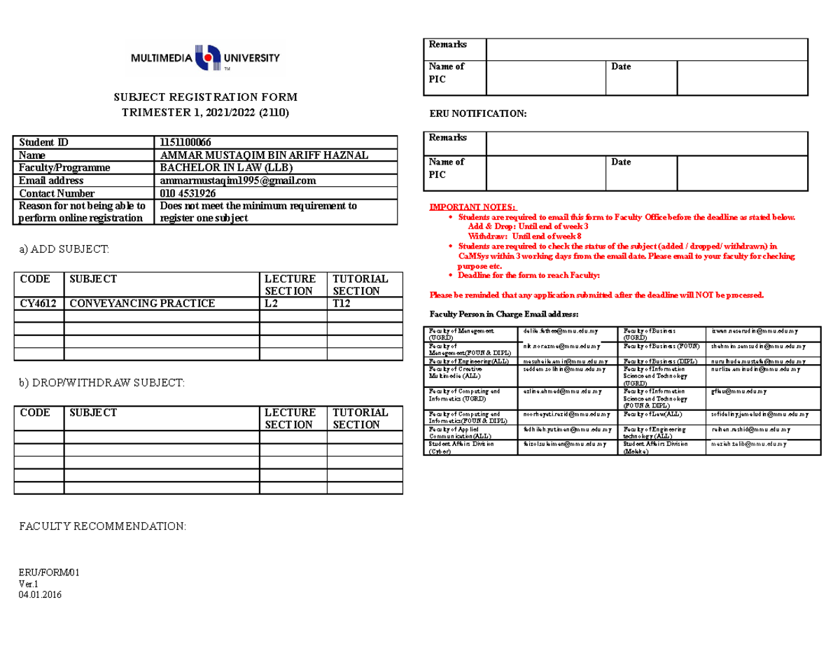 Manual Subject Registraton - SUBJECT REGISTRATION FORM TRIMESTER 1 ...