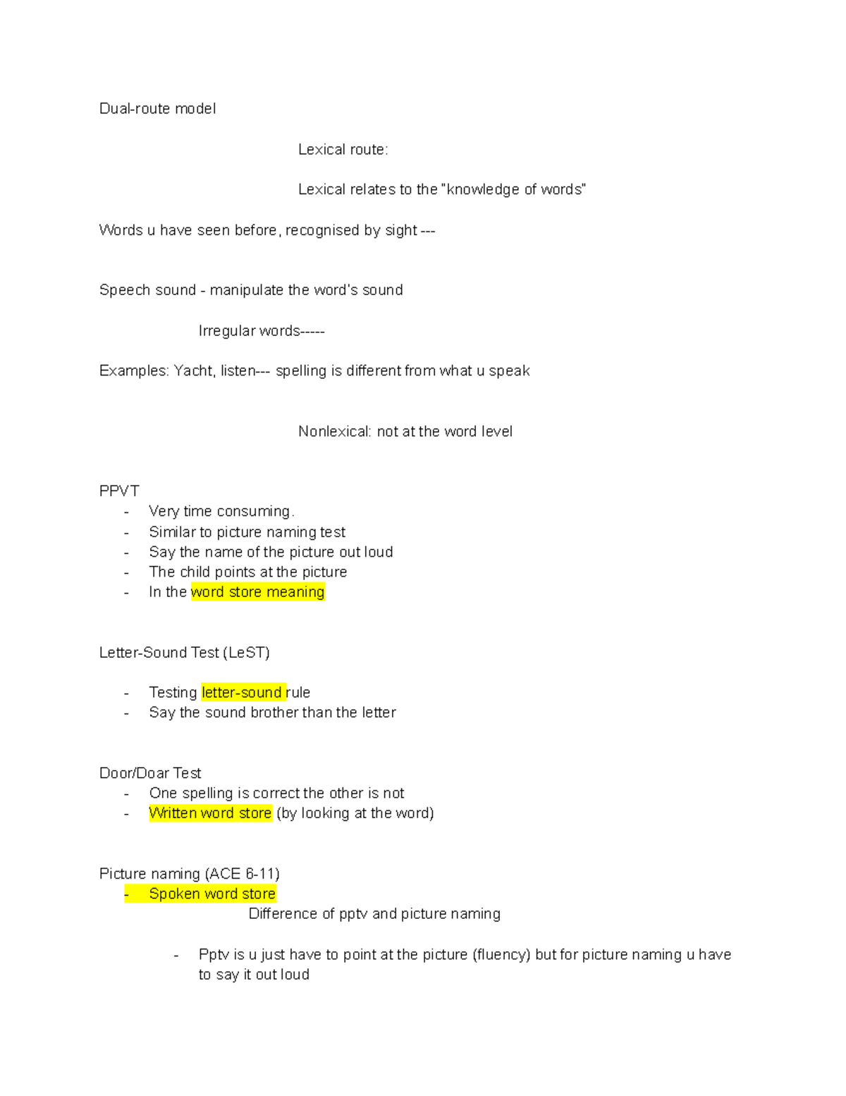 Dyslexia - Lecture notes 1 - Dual-route model Lexical route: Lexical ...