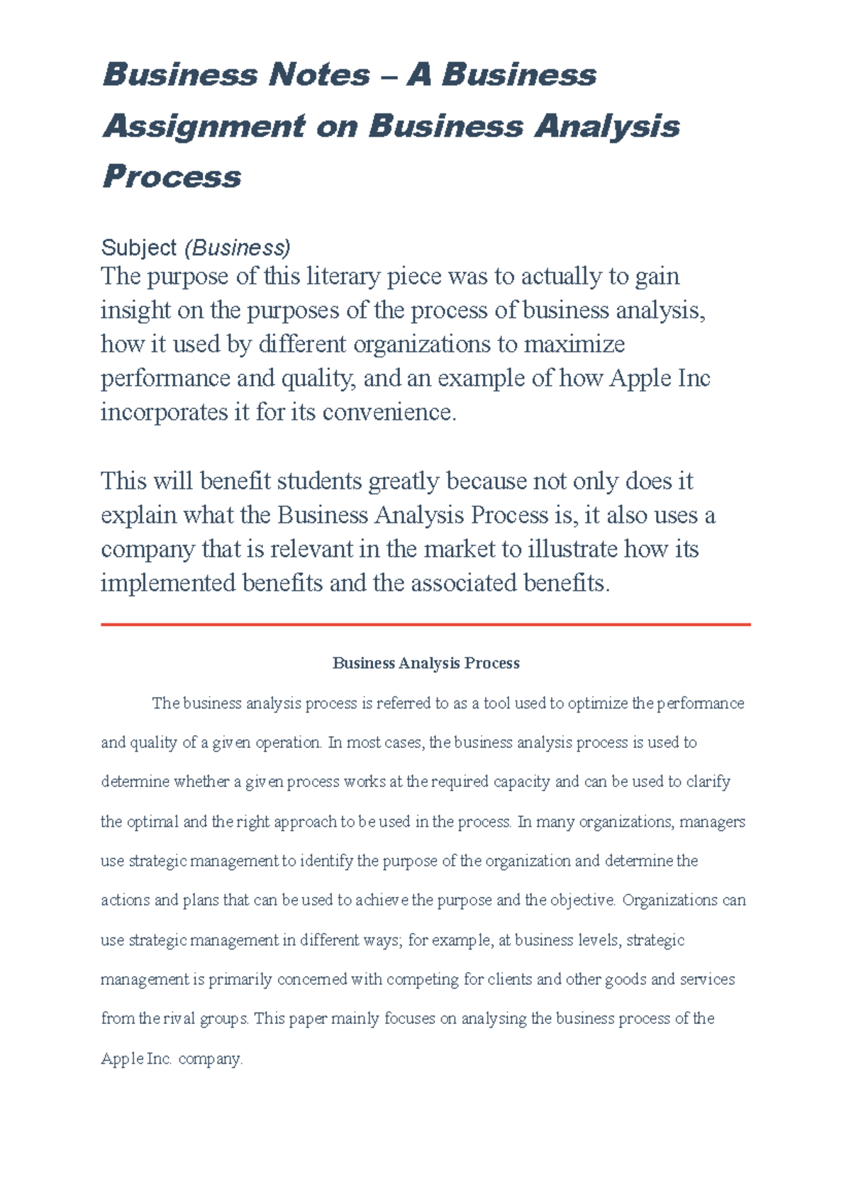 Business Analysis Process - Business Notes – A Business Assignment on ...