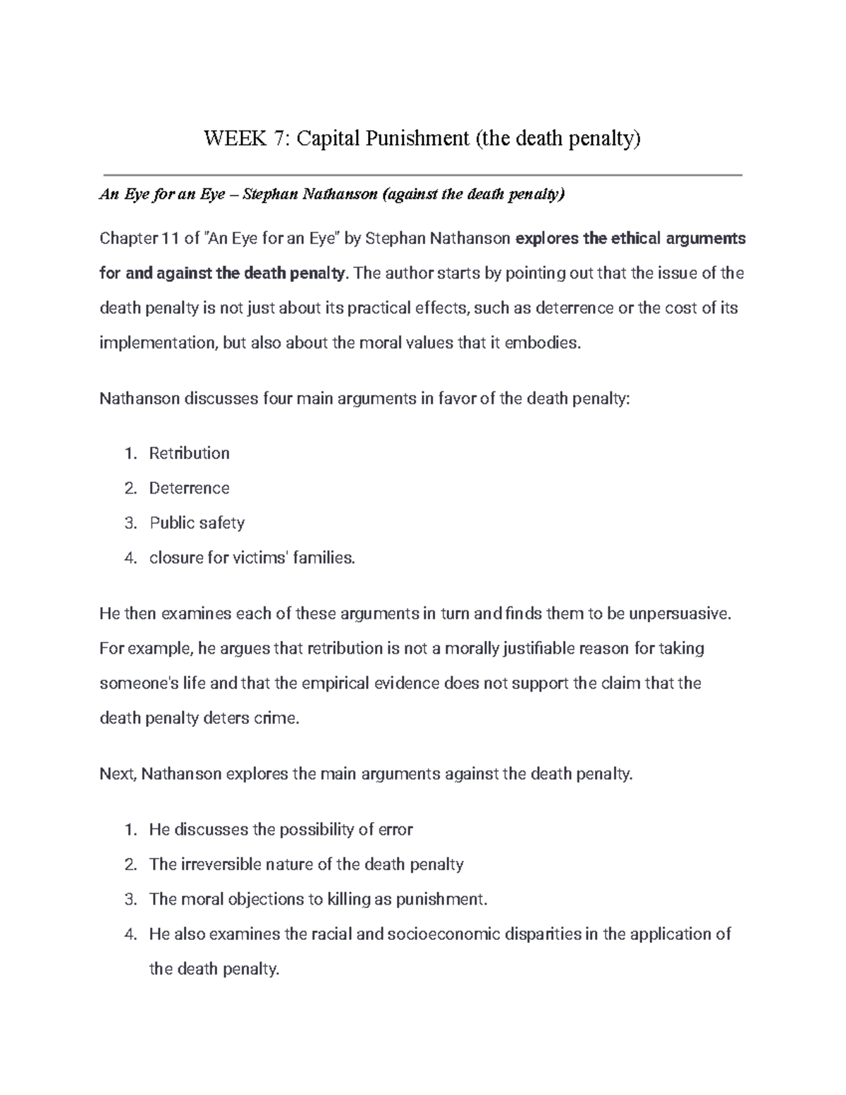 PHIL week 7 readings (the death penalty) - WEEK 7: Capital Punishment ...