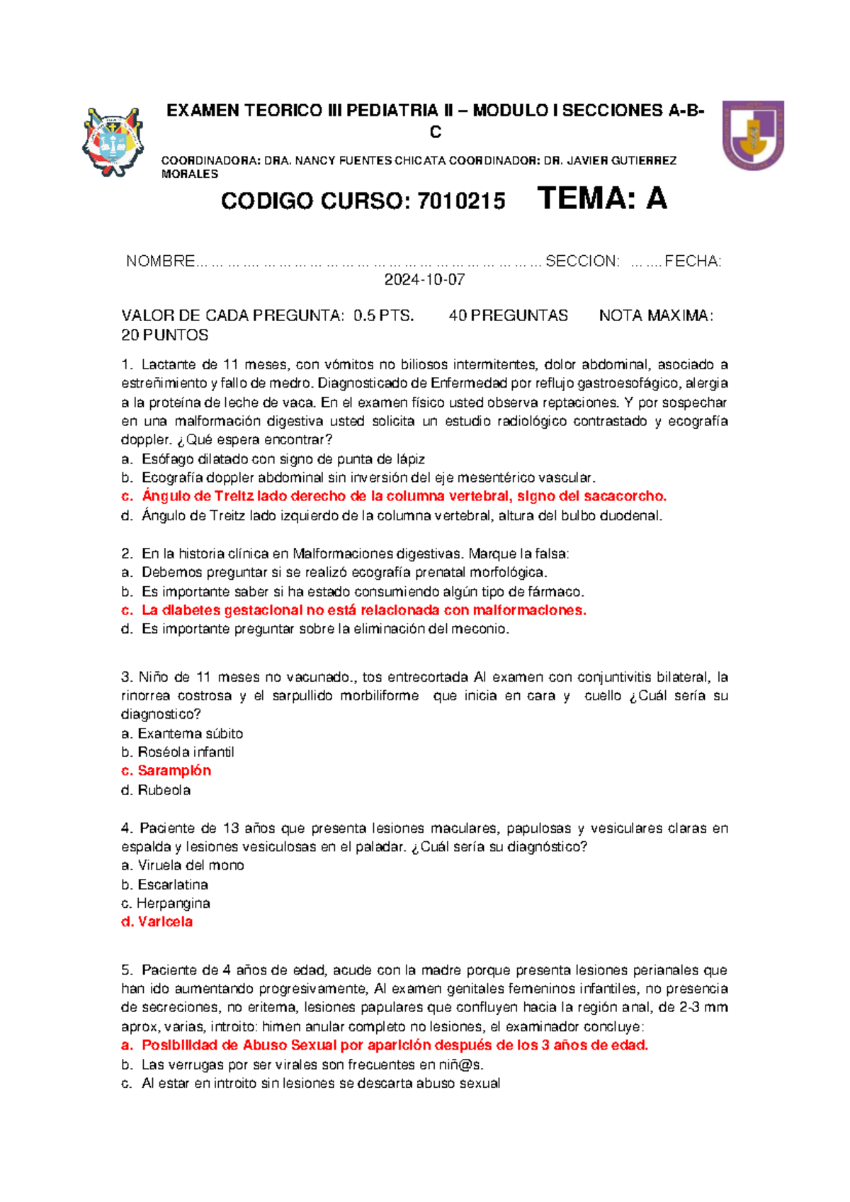 A Examen 3 PED 2 - EXAMEN TEORICO III PEDIATRIA II – MODULO I SECCIONES ...