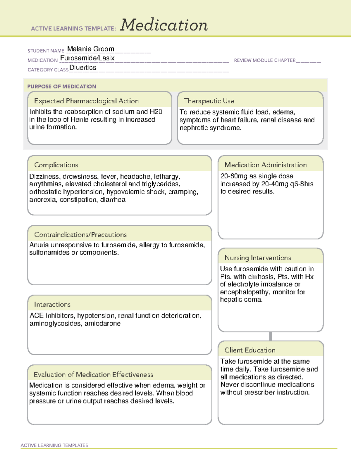 Furosemide Week 1 - Med card - ACTIVE LEARNING TEMPLATES Medication ...