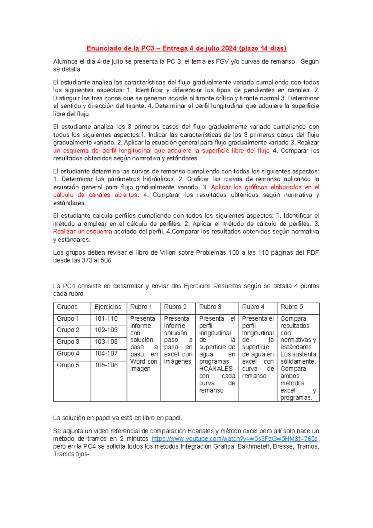 PC3 hidraulica de canales - Enunciado de la PC3 – Entrega 4 de julio 2024 (plazo 14 días ...