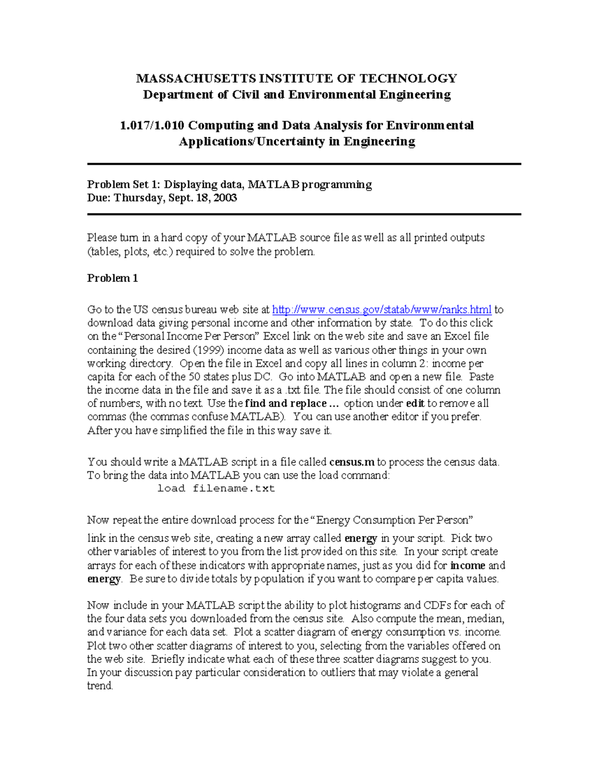 Problem Set 1 - MASSACHUSETTS INSTITUTE OF TECHNOLOGY Department of ...