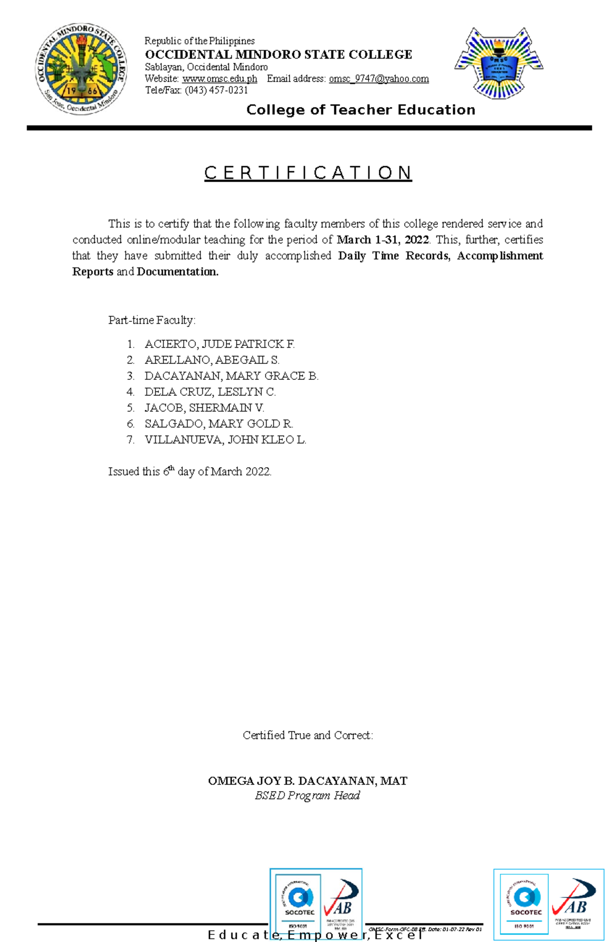 BSED- Certification- Formatdtr - OMSC-Form-OFC-08 Eff. Date: 01-07-22 ...