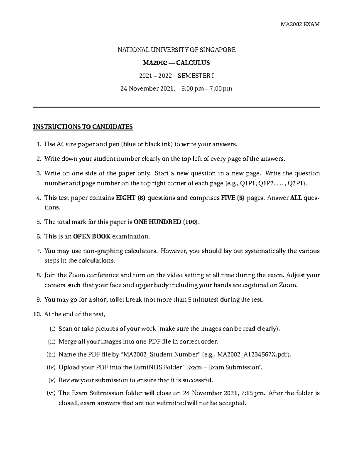 2122SEM1-MA2002 final exam - MA1102R - NUS - Studocu