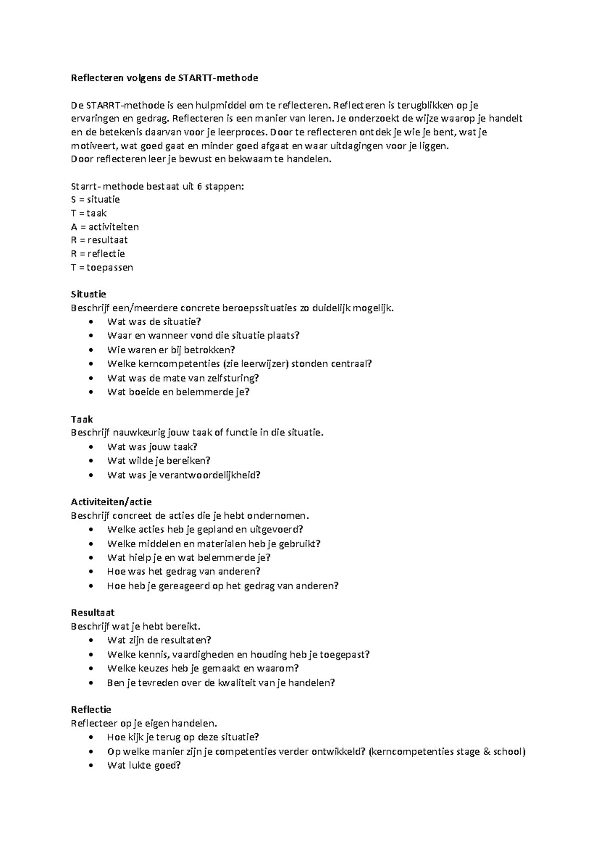 Startt model reflecteren - Reflecteren volgens de STARTT-methode De ...