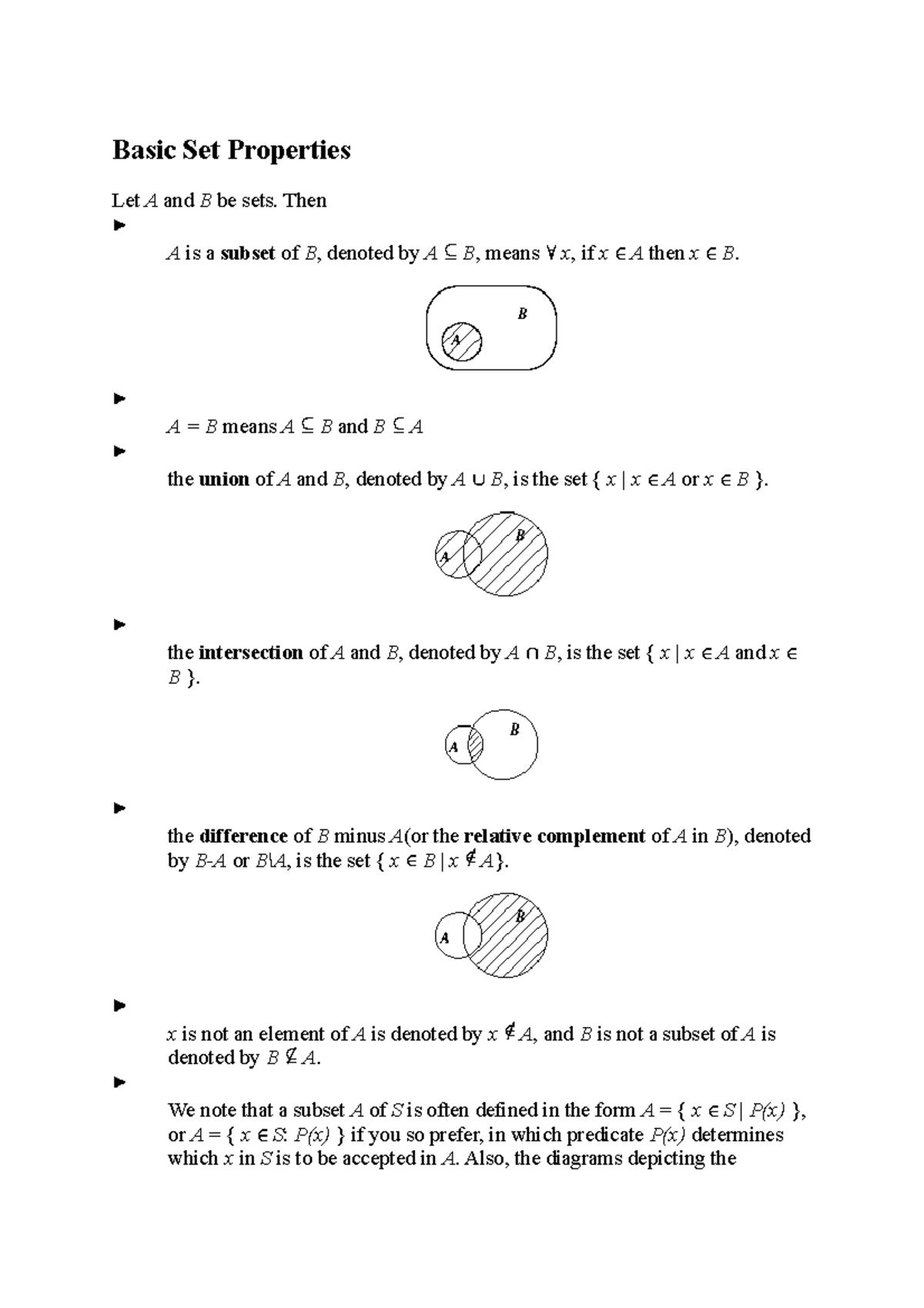 2. Set Theory - Lecture notes 2 - Basic Set Properties Let A and B be ...