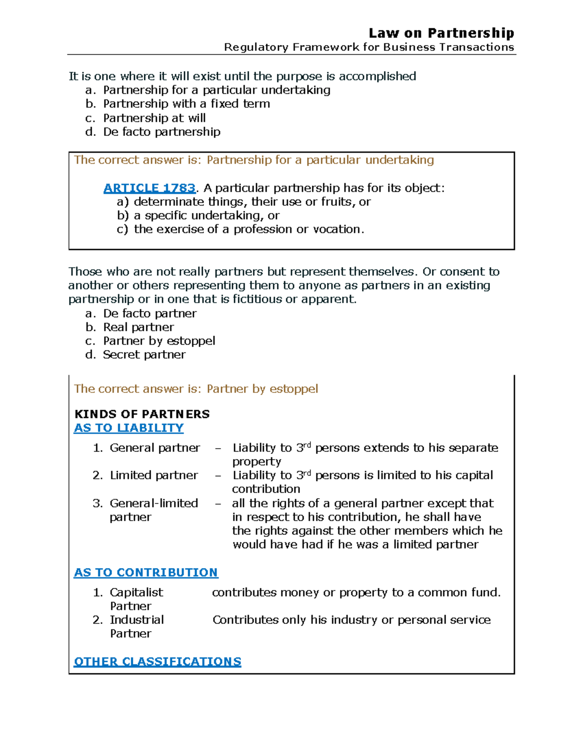 (RFBT) Law on Partnership Test Bank - Regulatory Framework for Business ...