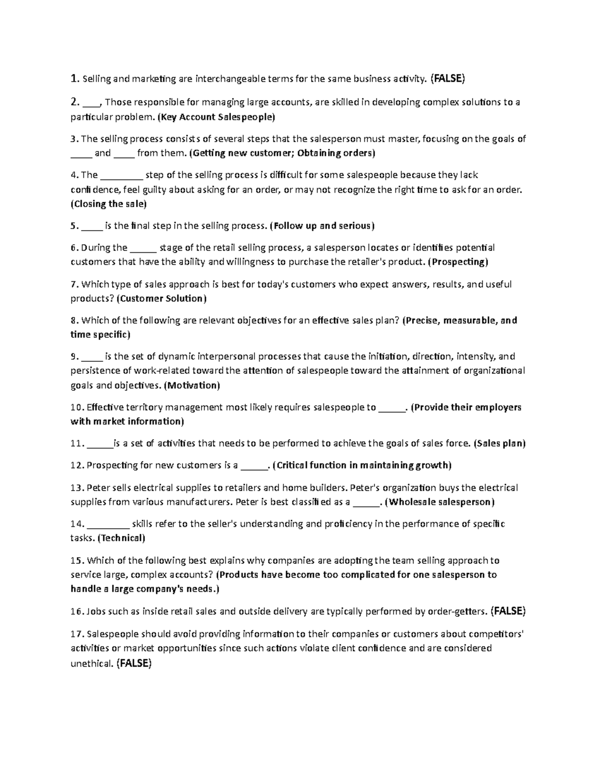 Đề-Kì-Thi-FALL-môn-SAL301 - 1. Selling and marketing are ...