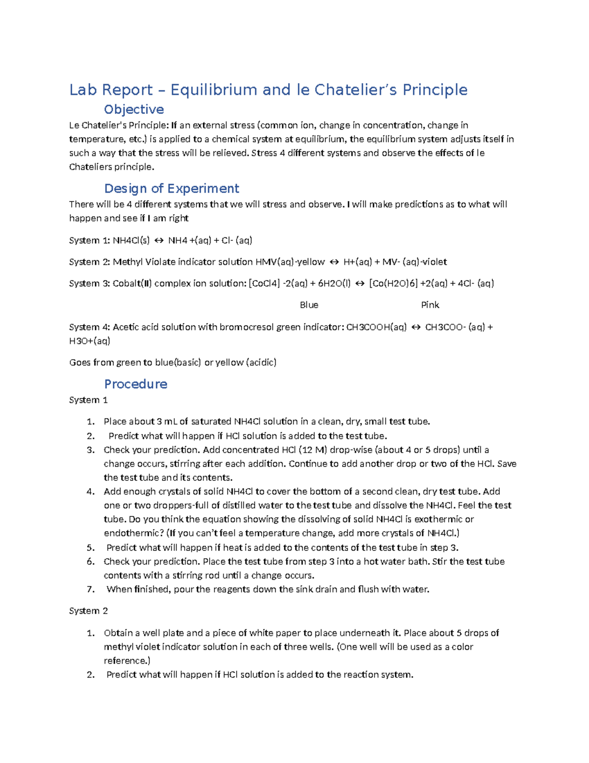 Lab Report - Le Chatelier's Principle - Lab Report – Equilibrium and le ...