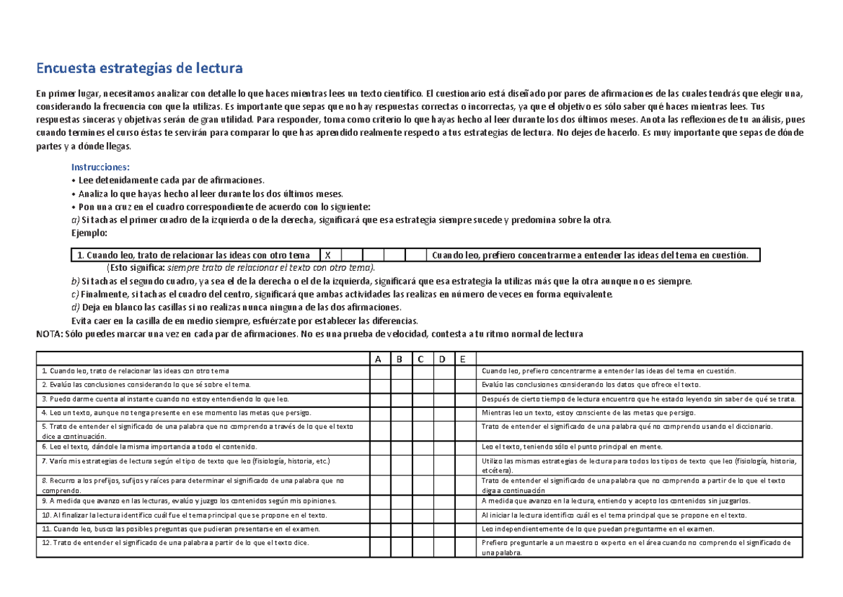 Encuesta estrategias de lectura - El cuestionario está diseñado por ...