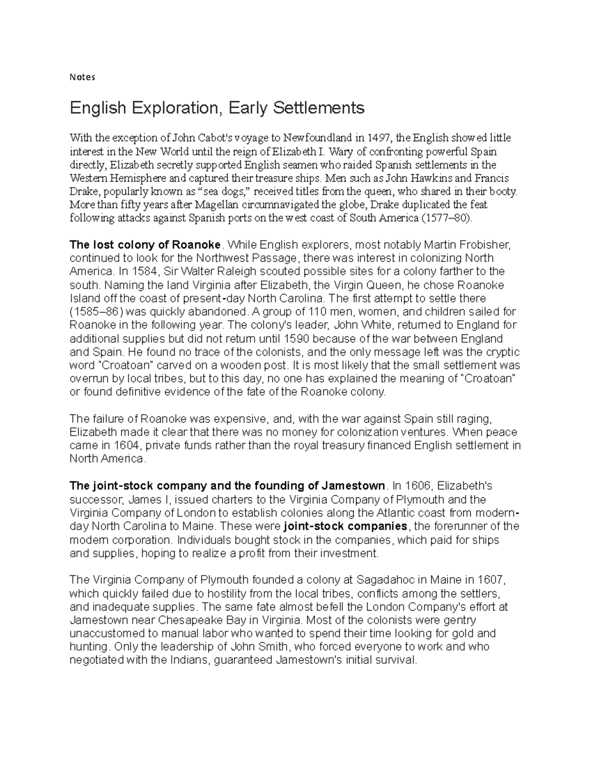 Document 109 - history - Notes English Exploration, Early Settlements ...