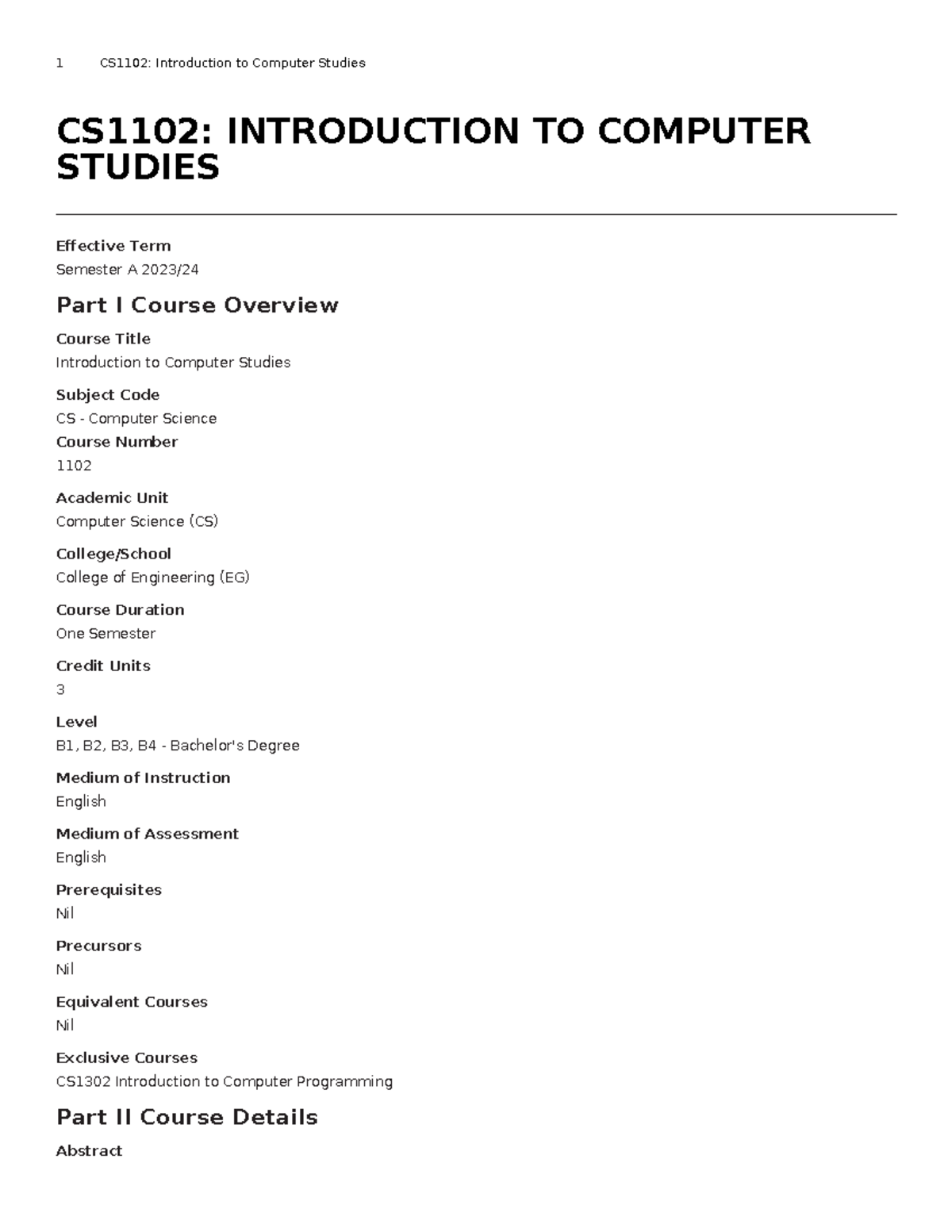 CS1102 - comut - CS1102: INTRODUCTION TO COMPUTER STUDIES Effective Term Semester A 2023/ Part I ...