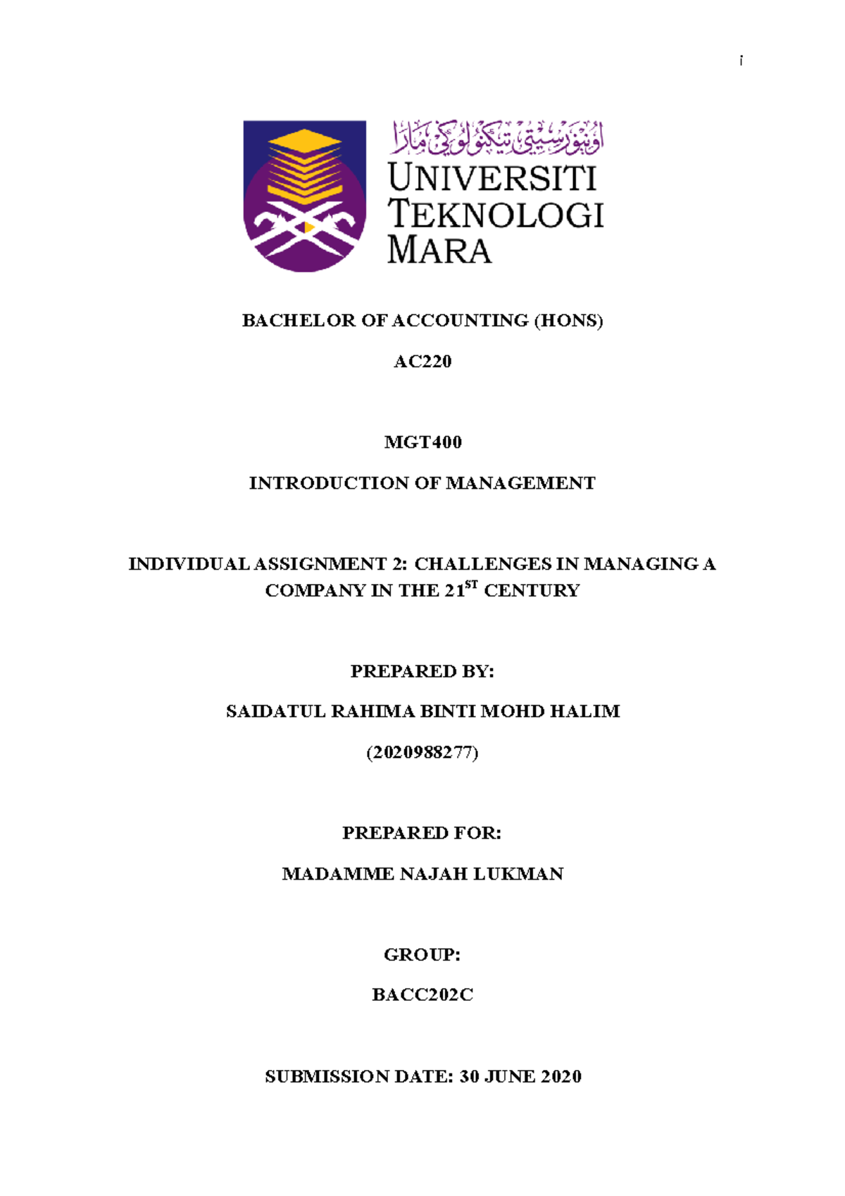 Assignment 2 - i BACHELOR OF ACCOUNTING (HONS) AC MGT INTRODUCTION OF ...