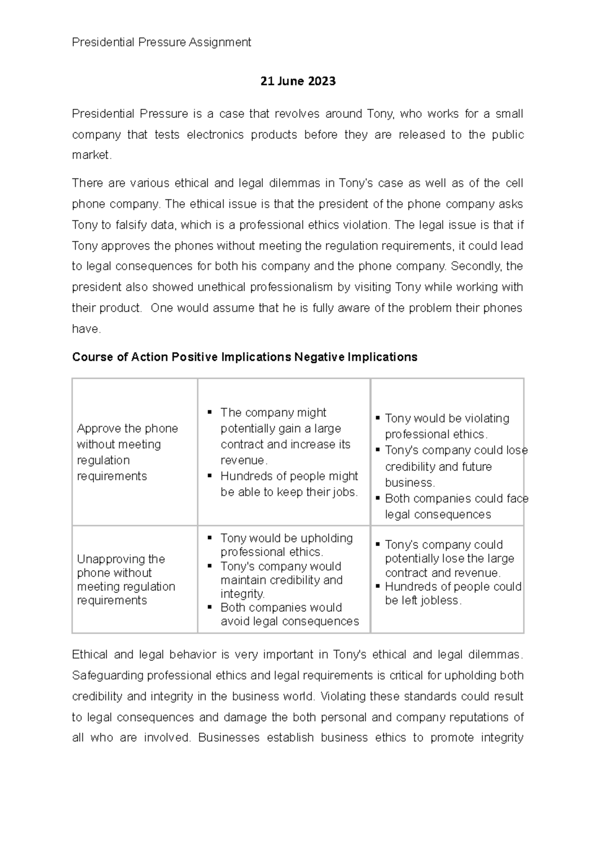 BUS 5115 Presidential Pressure Case Study - Presidential Pressure ...