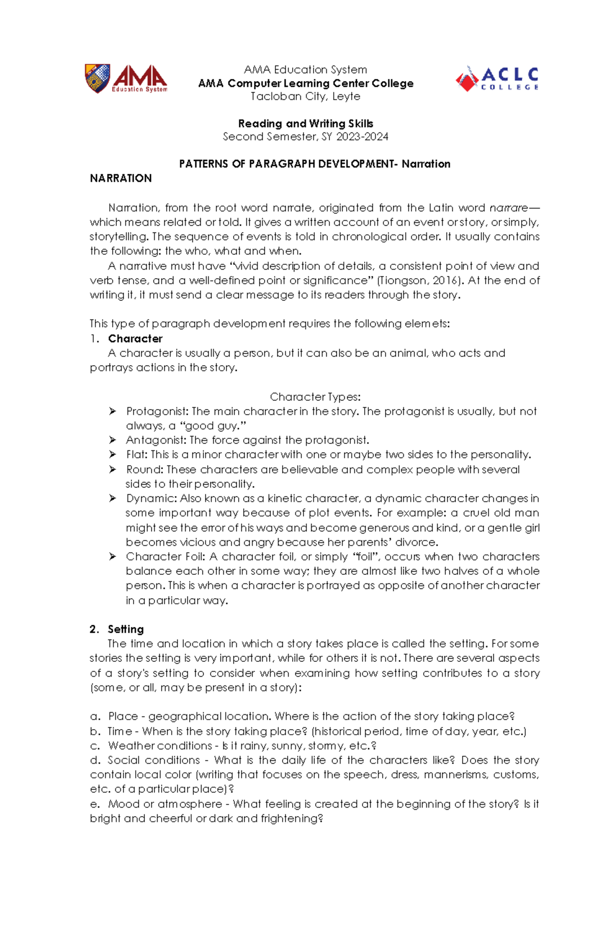 Lesson 4 Patterns of Paragraph Development Narration - AMA Computer ...