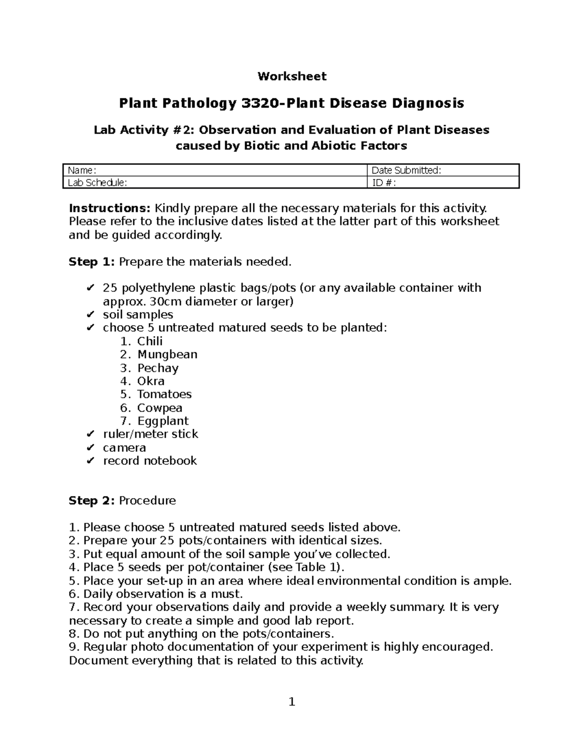 PPath 3320 Plant Disease Diagnosis Lab Activity #2 - Worksheet Plant ...