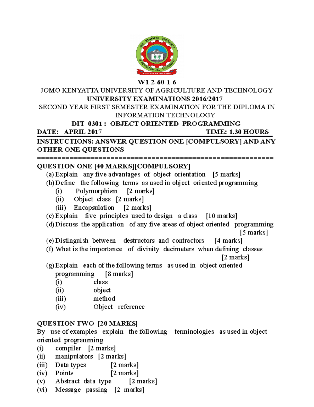 DIT 0301 Object Oriented Programming - W1-2-60-1- JOMO KENYATTA ...