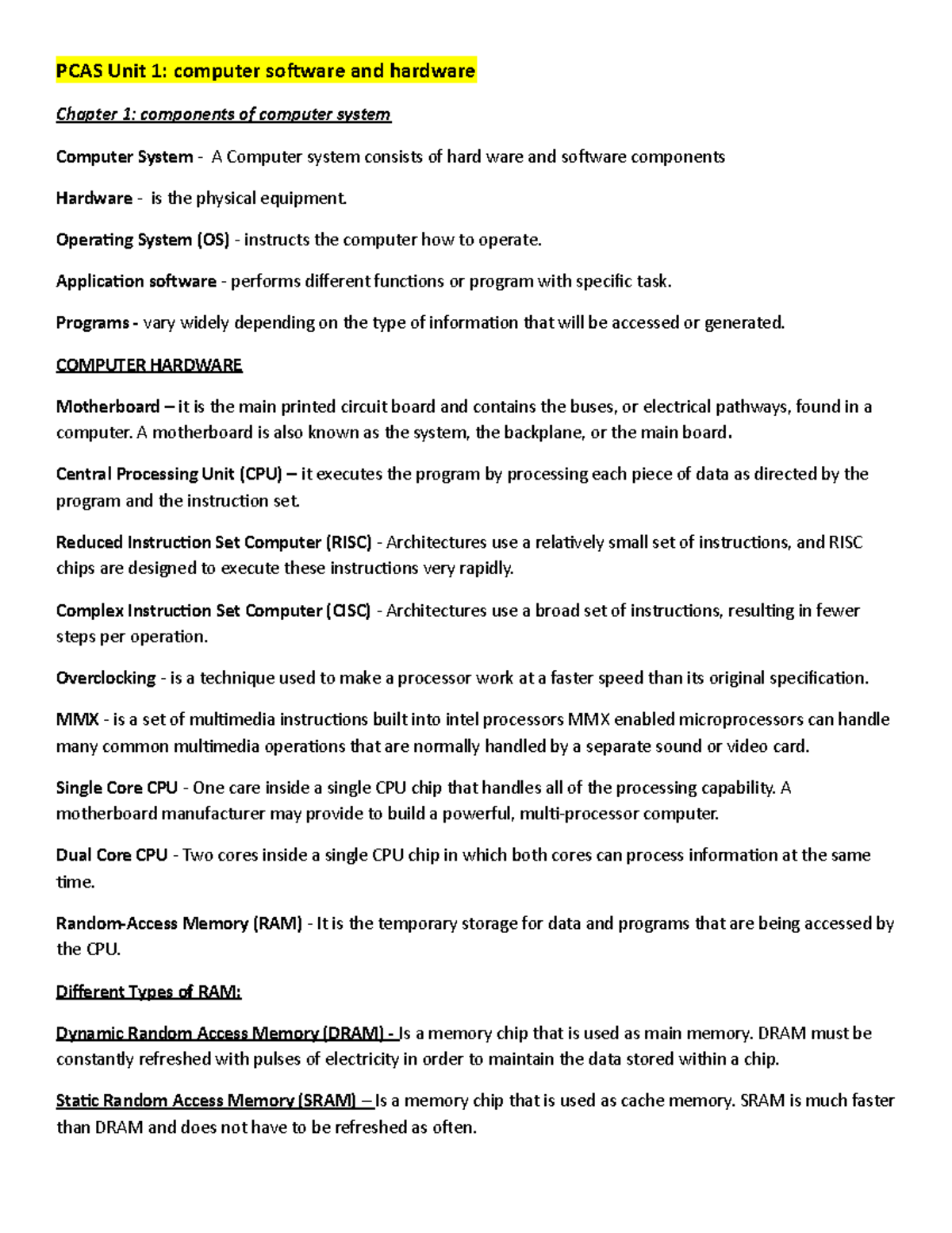 PCAS prelim reviewer - PCAS Unit 1: computer software and hardware Chapter 1: components of ...