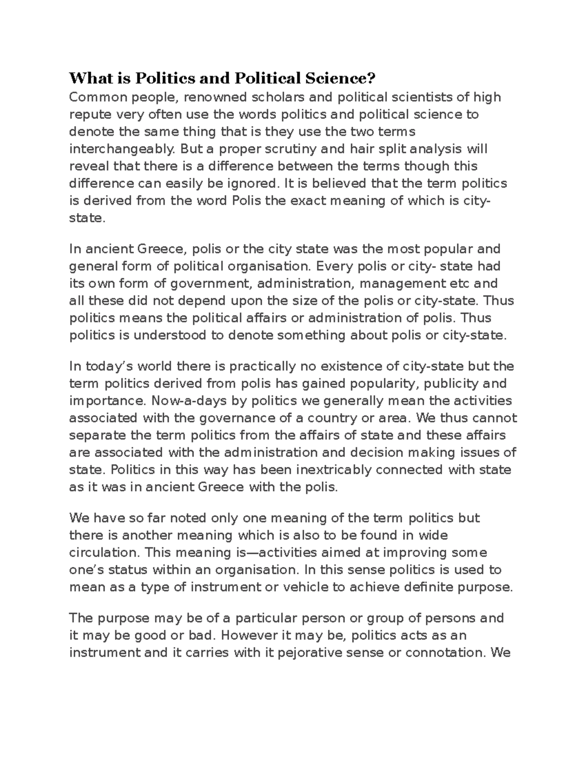 Notes - What is Politics and Political Science? Common people, renowned ...