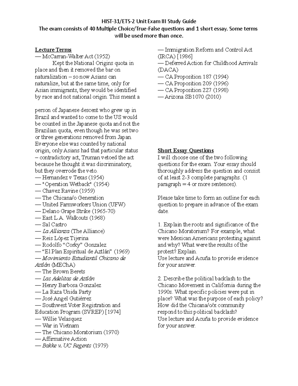 UNIT III EXAM Study Guide - HIST-31/ETS-2 Unit Exam III Study Guide The ...