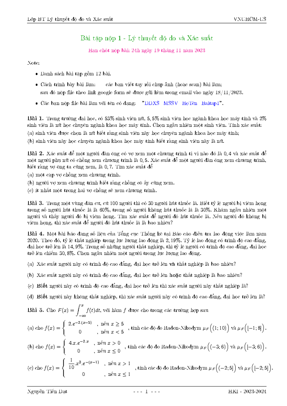 Homework 1-Measure Theory Probability-2023-2024 - Lîp BT Lþ thuy ̧t ë o v X¡c su§t VNUHCM-US B i ...