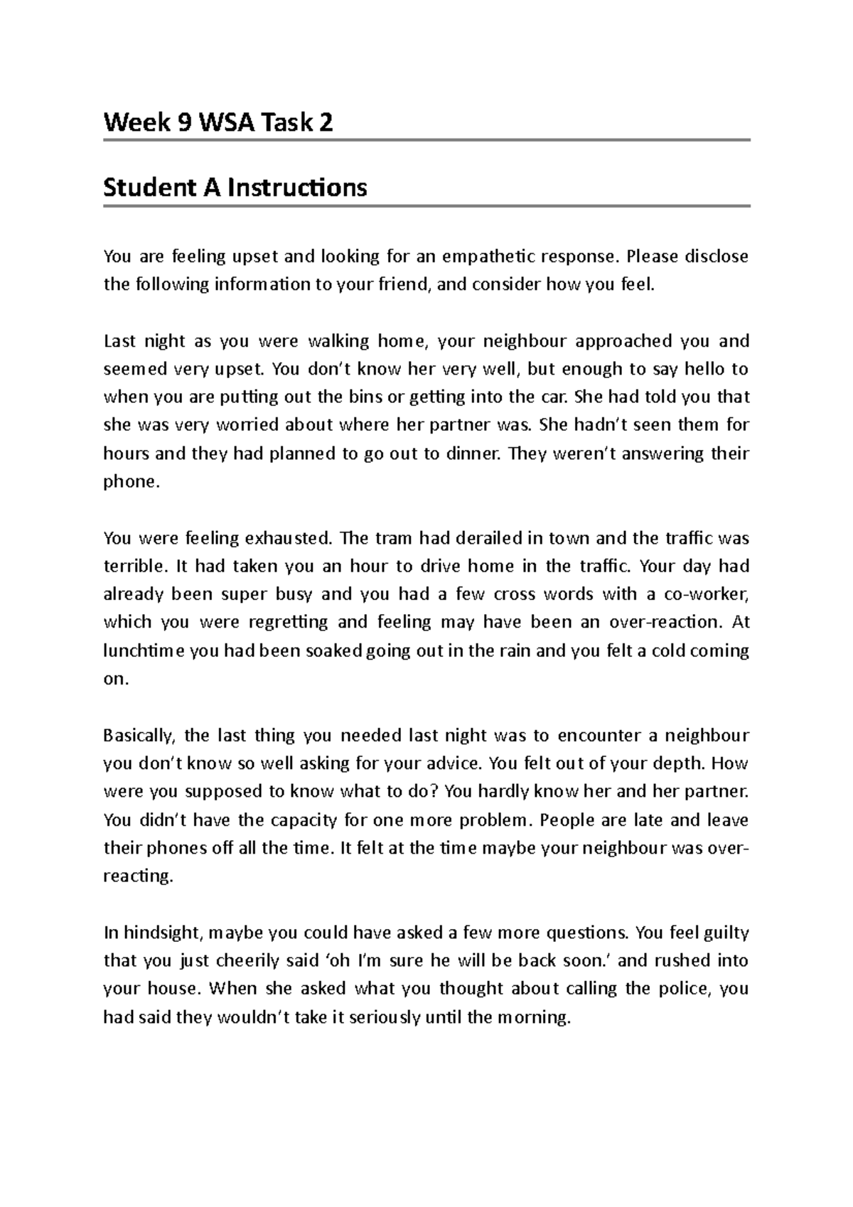WS9 WSA T2 Student A instructions - Week 9 WSA Task 2 Student A ...